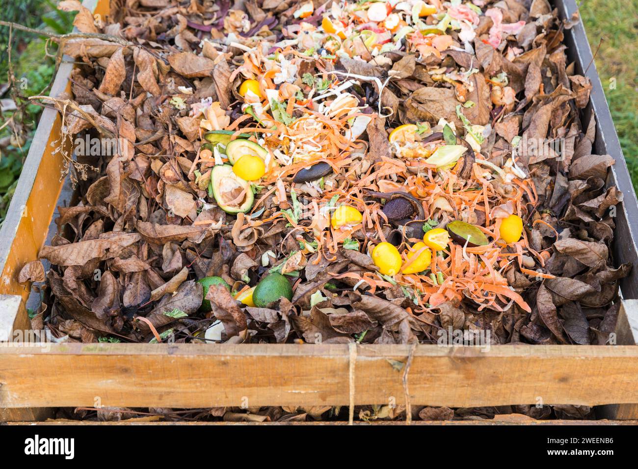 A composter made of wooden boards filled with bio-waste from the ...