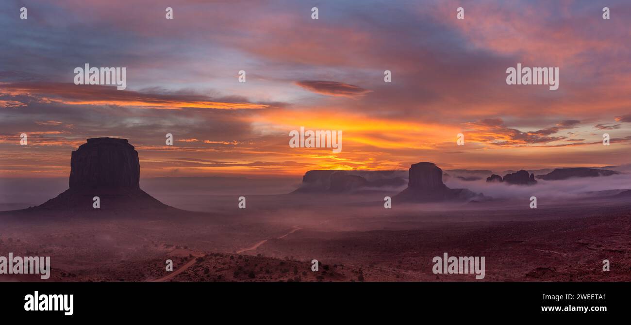 Colorful sunrise over Merrick Butte, Elephant Butte & Spearhead Mesa in ...