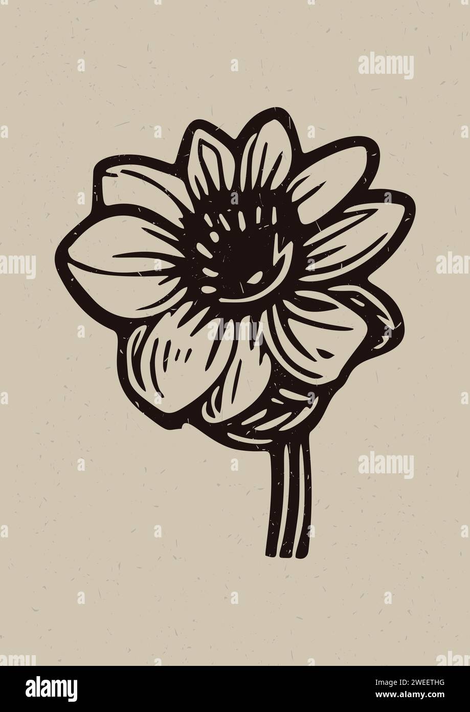 Handmade vector linocut flower motif clipart in folkart scandi style ...