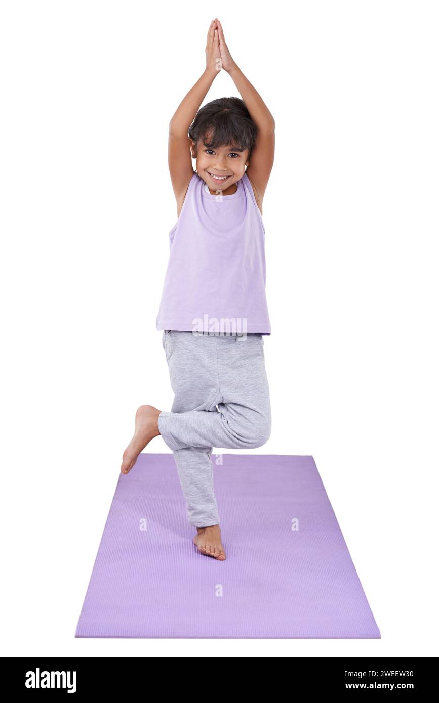 Girl, child and yoga with balance and health in studio for wellness ...