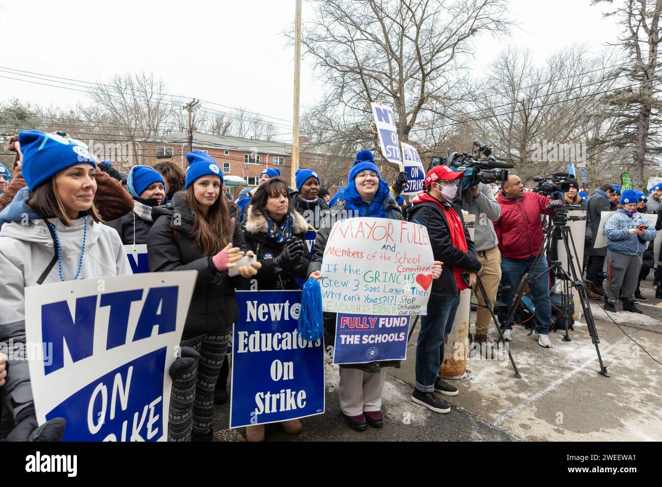 Jan. 23, 2024. Newton, MA. Newton Teachers on the third straight school ...
