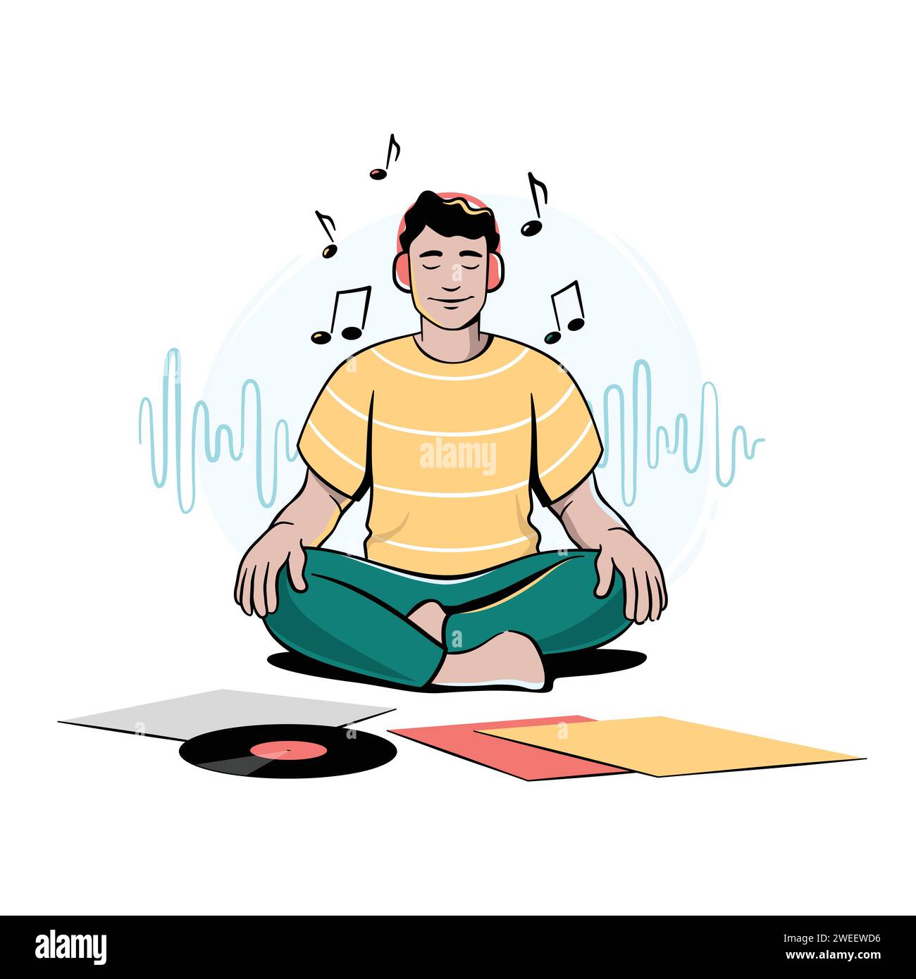Boy, guy, young man sitting cross-legged, meditating and listening to ...