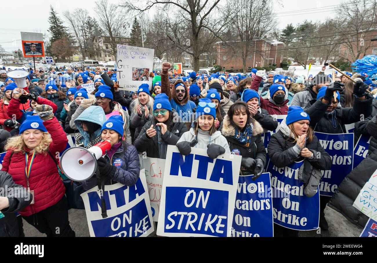 Jan. 23, 2024. Newton, MA. Newton Teachers on the third straight school ...