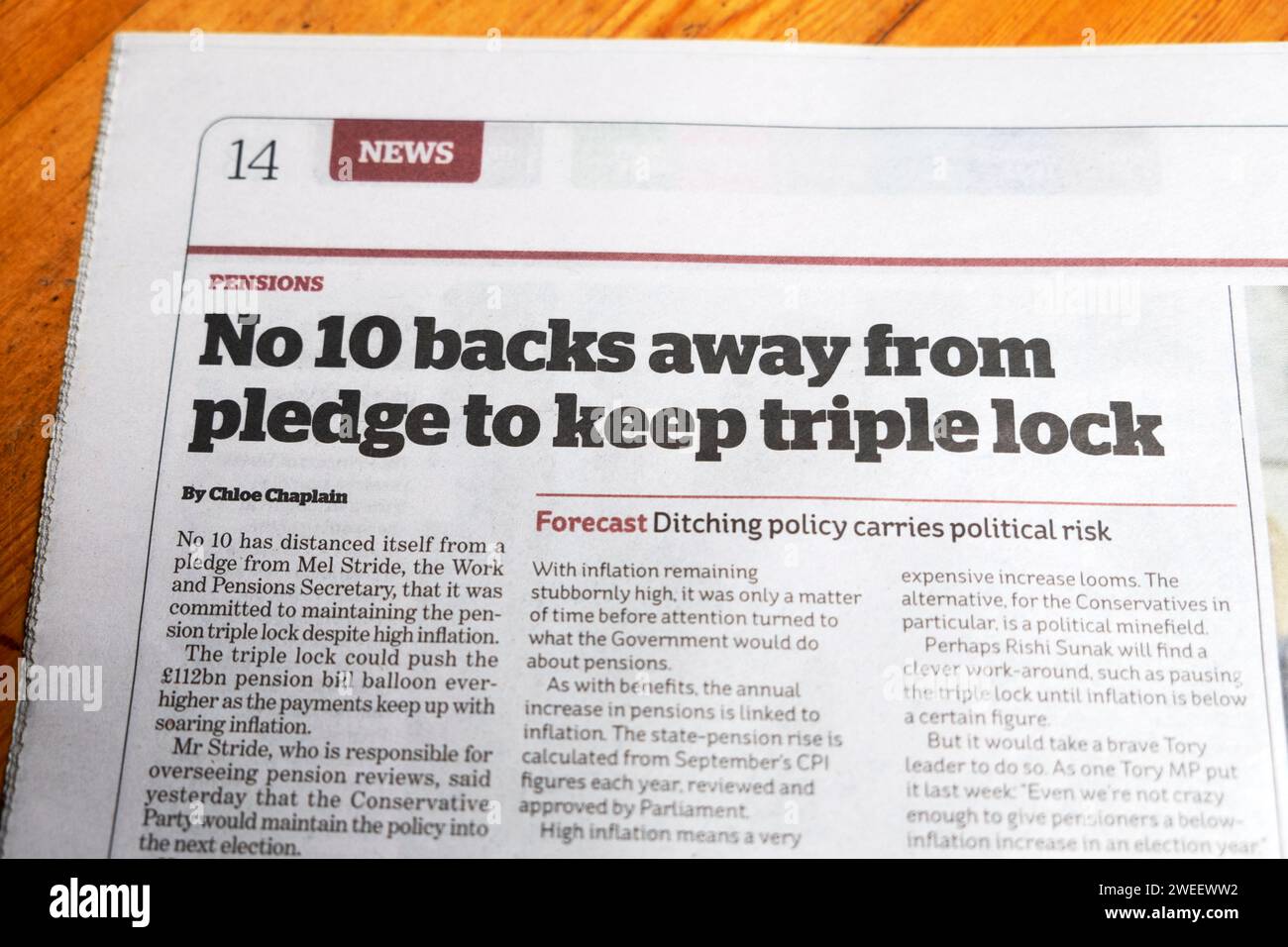 'No 10 (Downing Street) backs away from pledge to keep triple lock' i newspaper headline ...