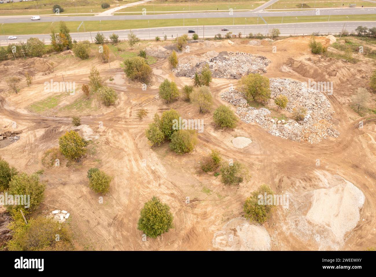 Drone photography of new construction waste dump site during autumn ...