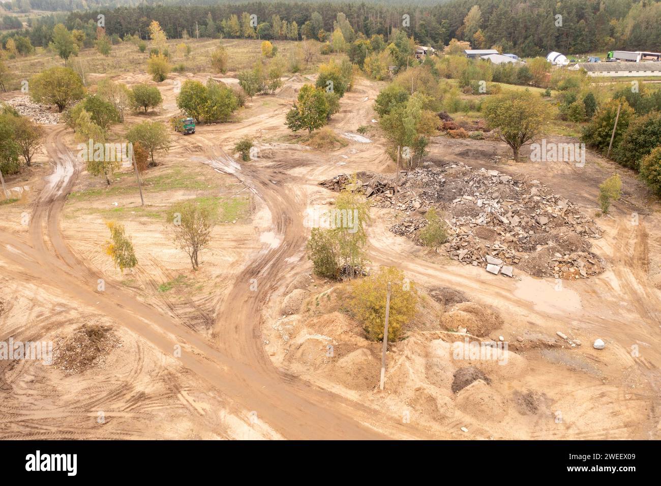 Drone photography of new construction waste dump site during autumn ...