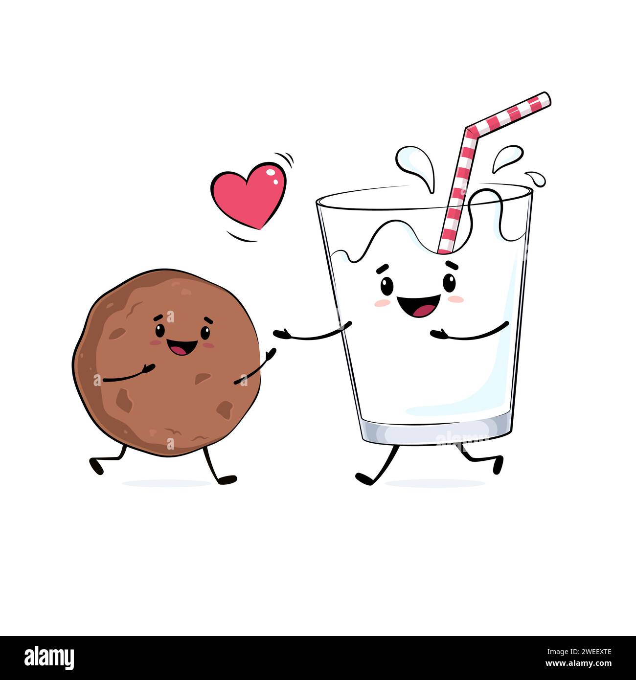 Cartoon cookie and a glass of milk running to hug each other, cute ...