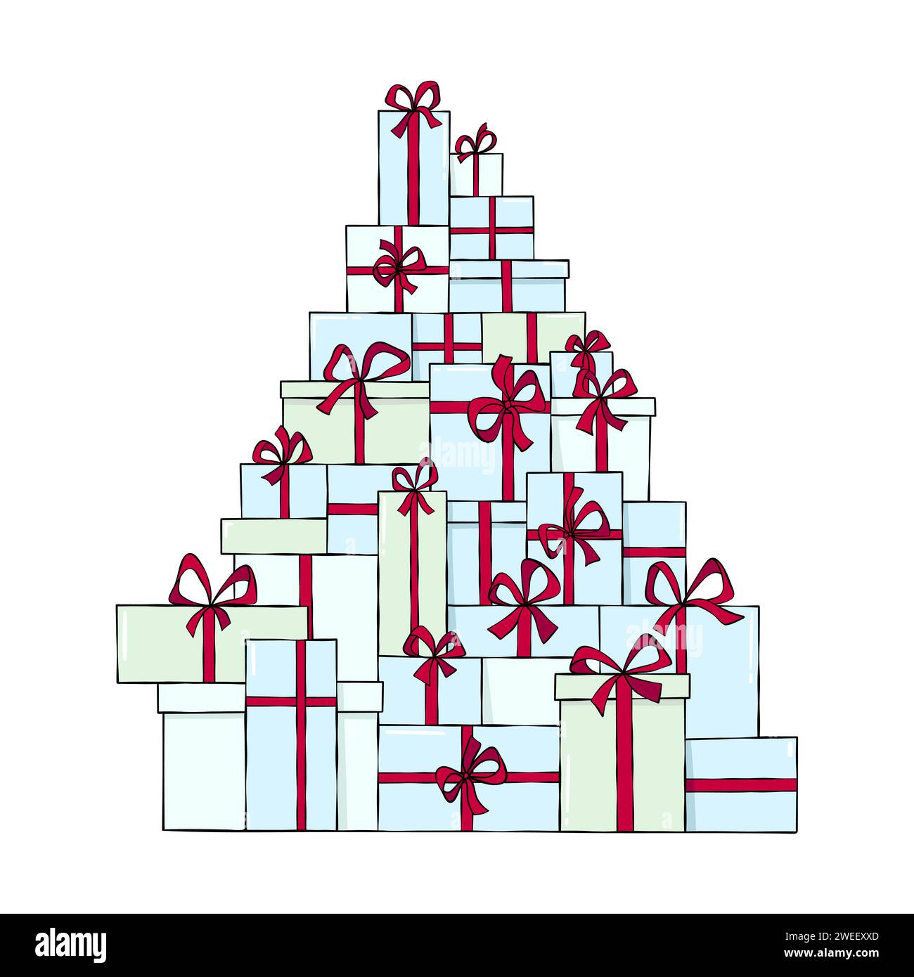 Big pile, stack of gifts and presents with red bows in doodle, comic ...