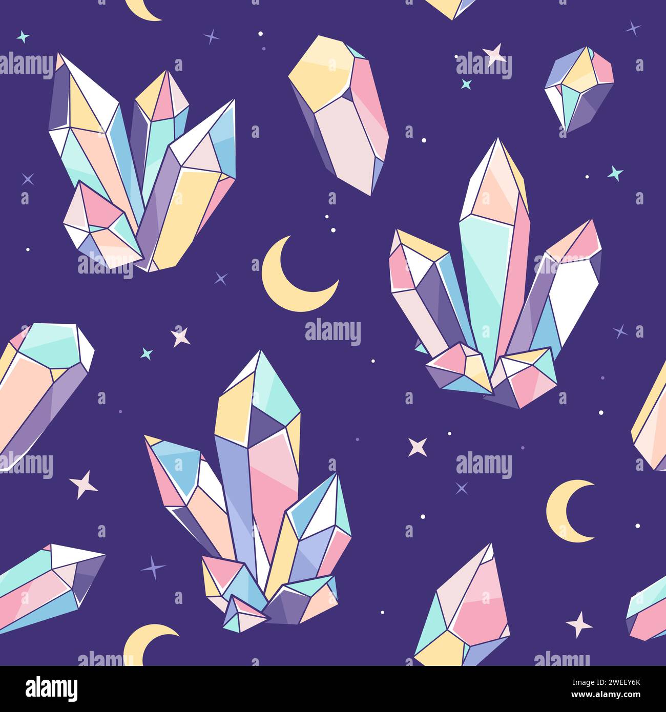 Crystals, gems,stars and moon seamless pattern, boho background ...