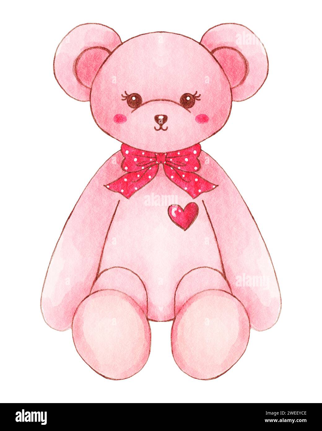 Pink bear doll . Valentines day object . Watercolor painting elements ...