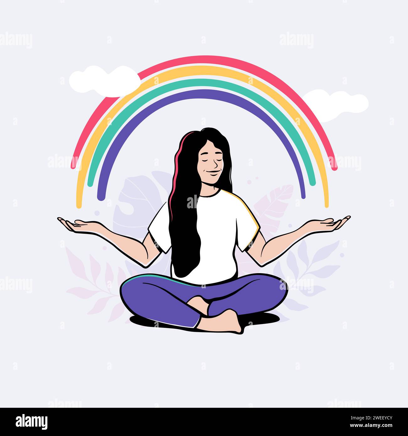 Girl with rainbow, young woman meditating. Relaxation, calm, psychology ...