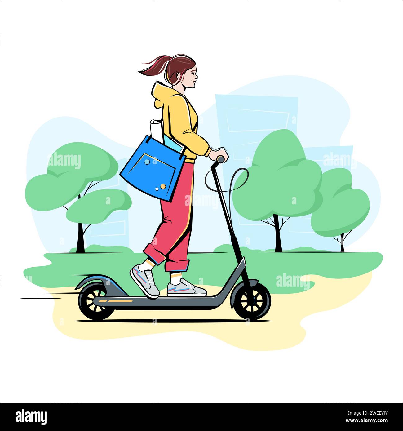 Girl with shoulder bag riding an electric scooter, vector drawing in a ...