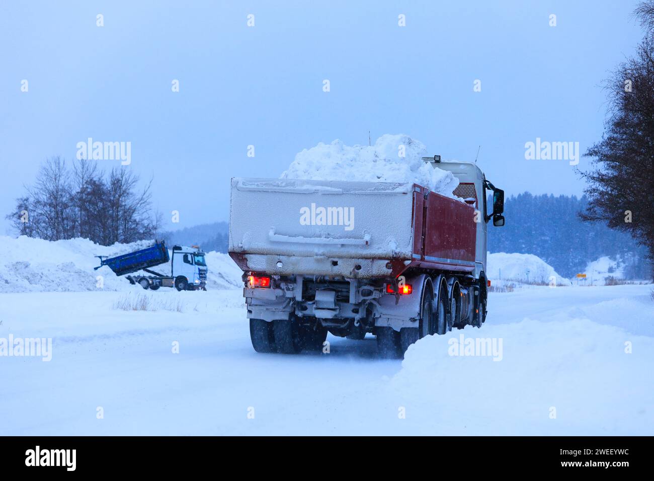 Tipper truck transporting a load of cleared snow away from town to snow ...