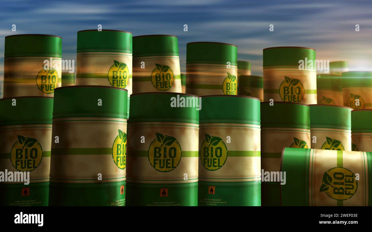 Biofuel crude brent petroleum fuel barrels in row concept. Sustainable ...