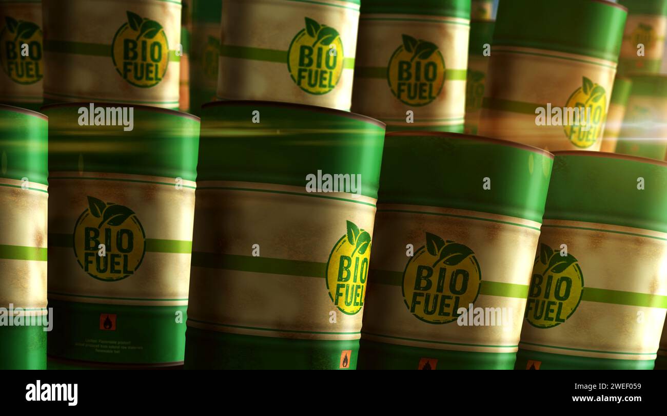 Biofuel crude brent petroleum fuel barrels in row concept. Sustainable ...