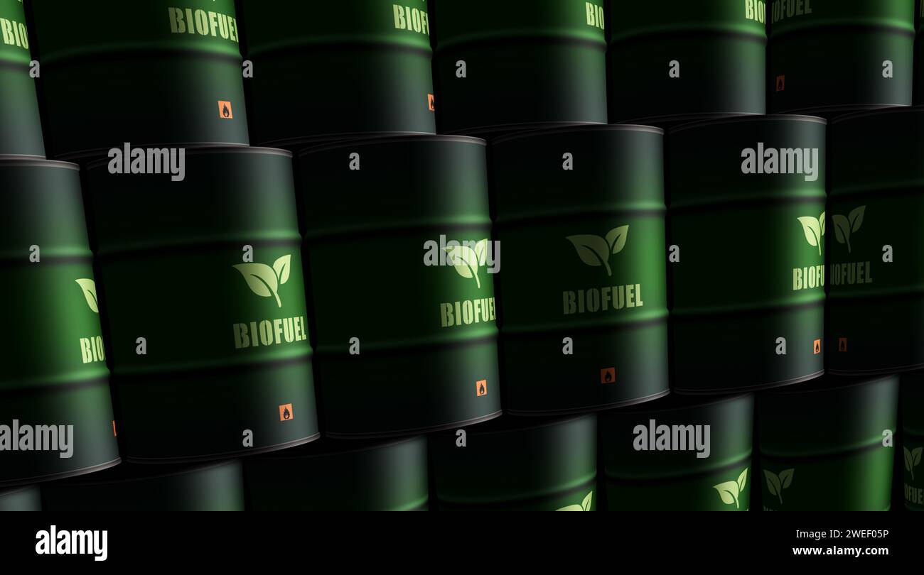 Biofuel crude brent petroleum fuel barrels in row concept. Sustainable ...