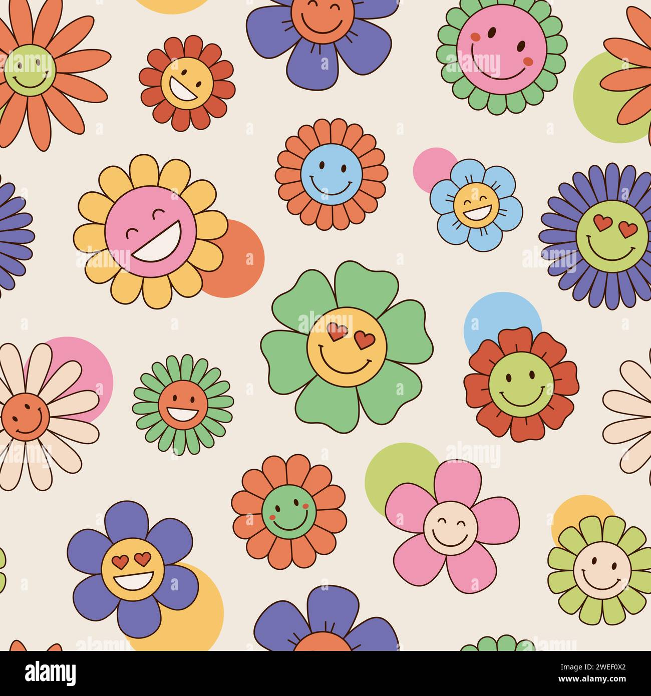 Hippie flowers seamless pattern, background. Cute vintage style, retro ...