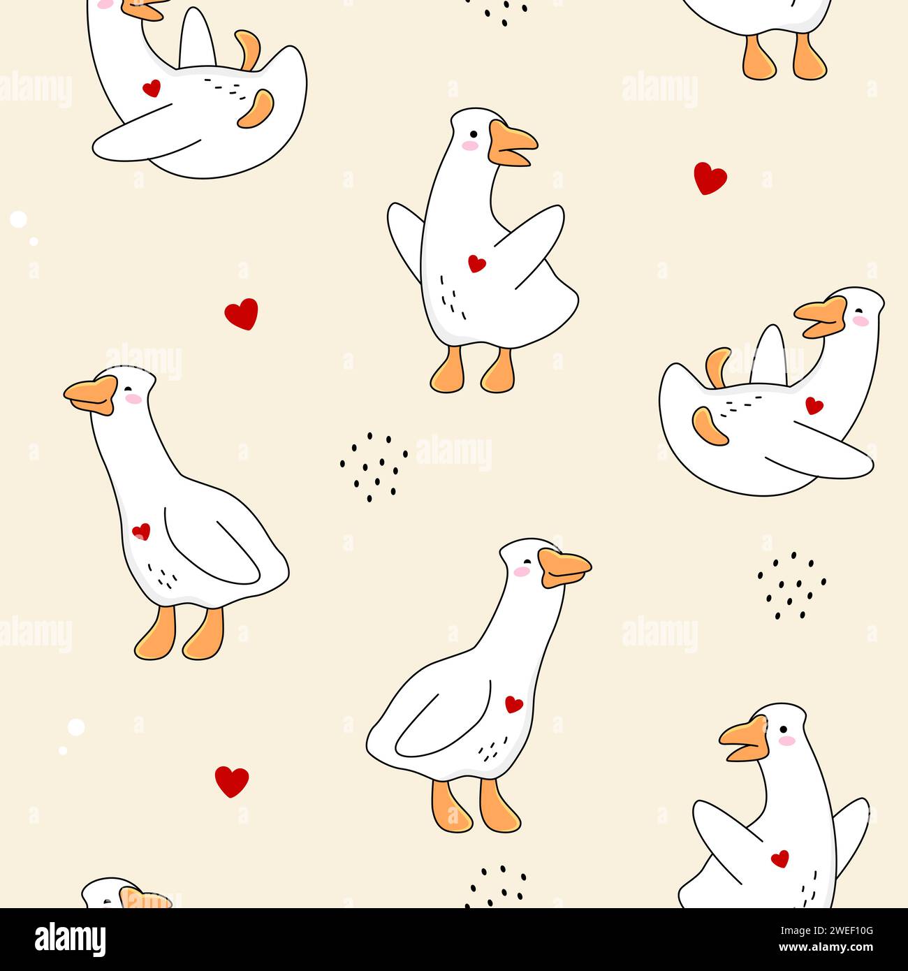 Goose, geese seamless pattern, cute cartoon ducks background. Animal ...