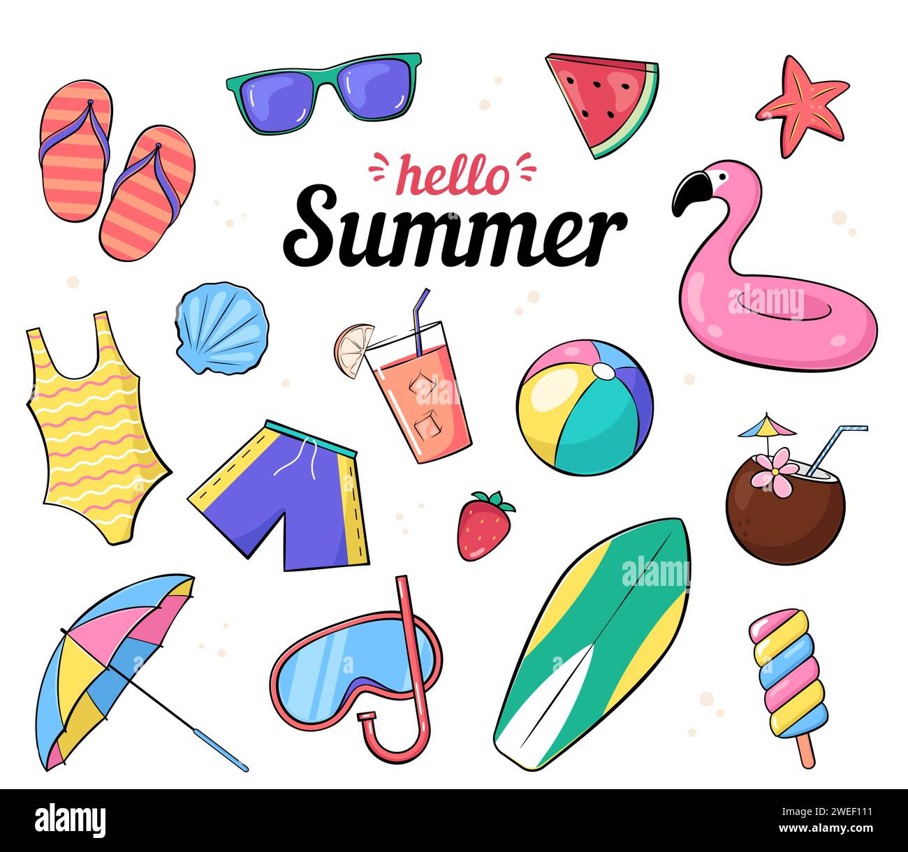 Set of summer, beach accessories and objects, vacation, holiday ...