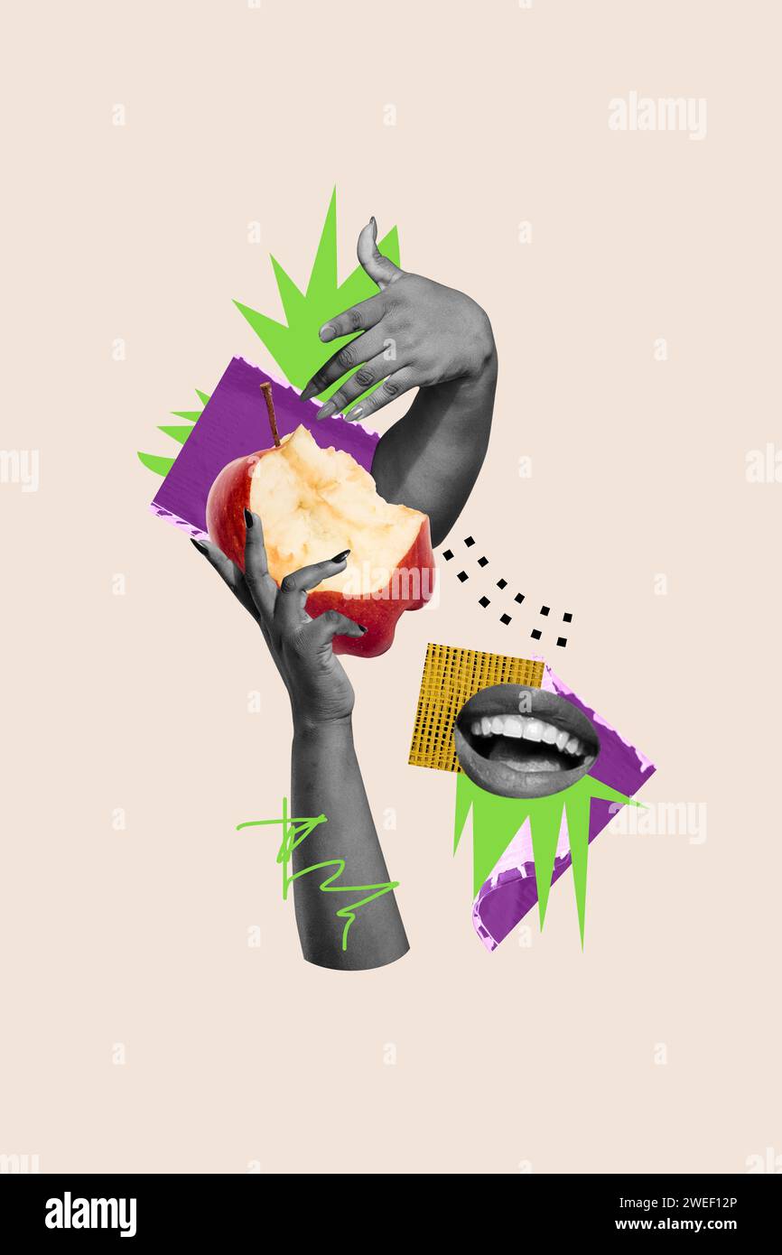 Composite collage image of hand hold bite apple fruit smiling mouth ...