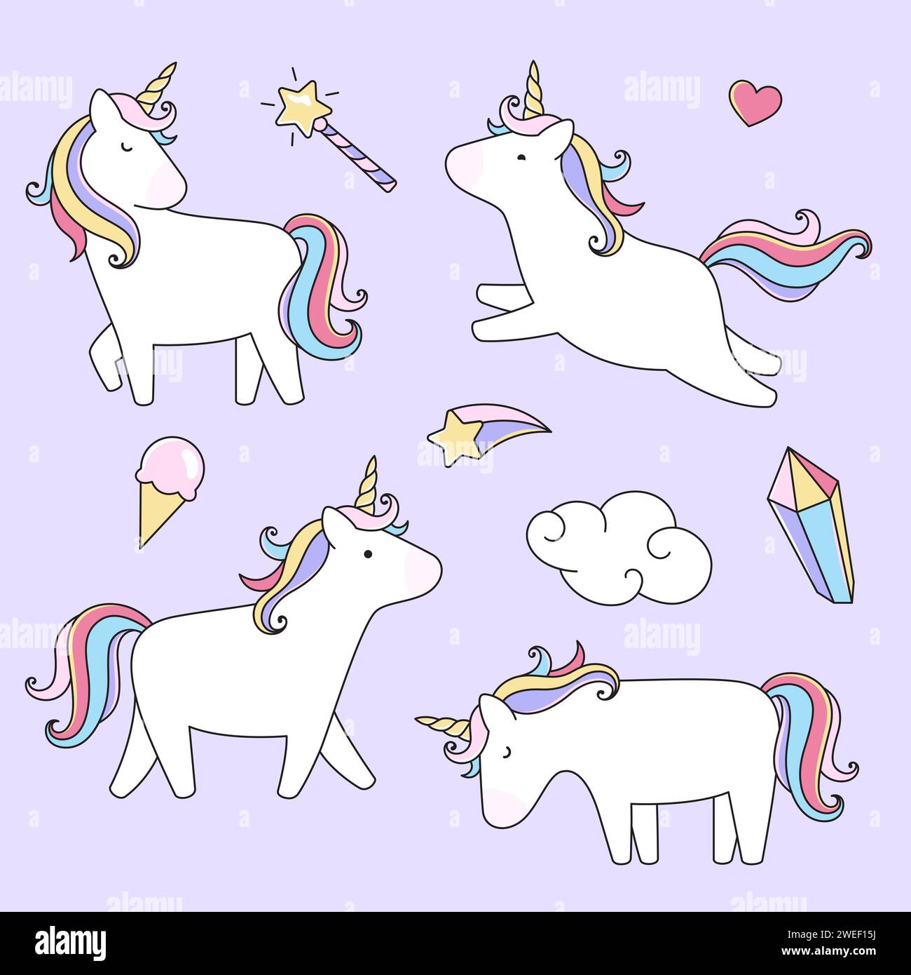 Unicorns, set of cartoon style illustrations, fantasy horses, cute ...