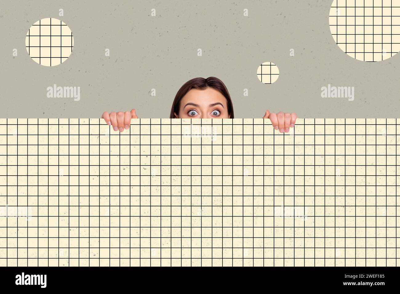 Photo collage picture young scared girl hiding checkered cell wall ...