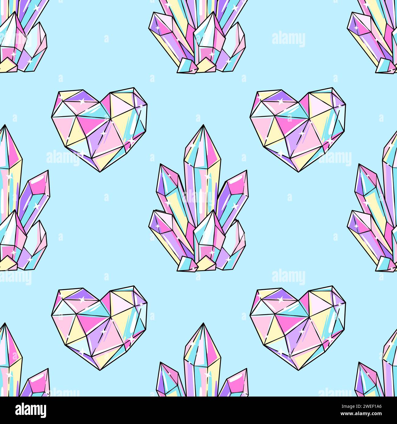 Crystals, diamonds, and crystal heart seamless pattern, background ...
