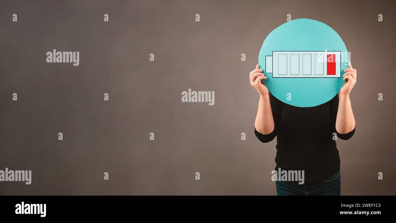 Head with empty battery, burnout syndrome, stress and exhaustion, work ...