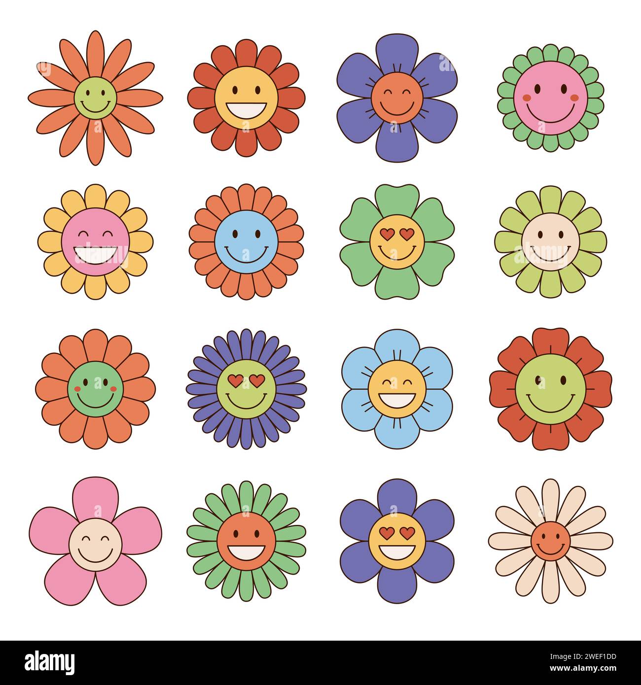Hippie flowers, cute vintage style, retro flowers with faces, emojis ...