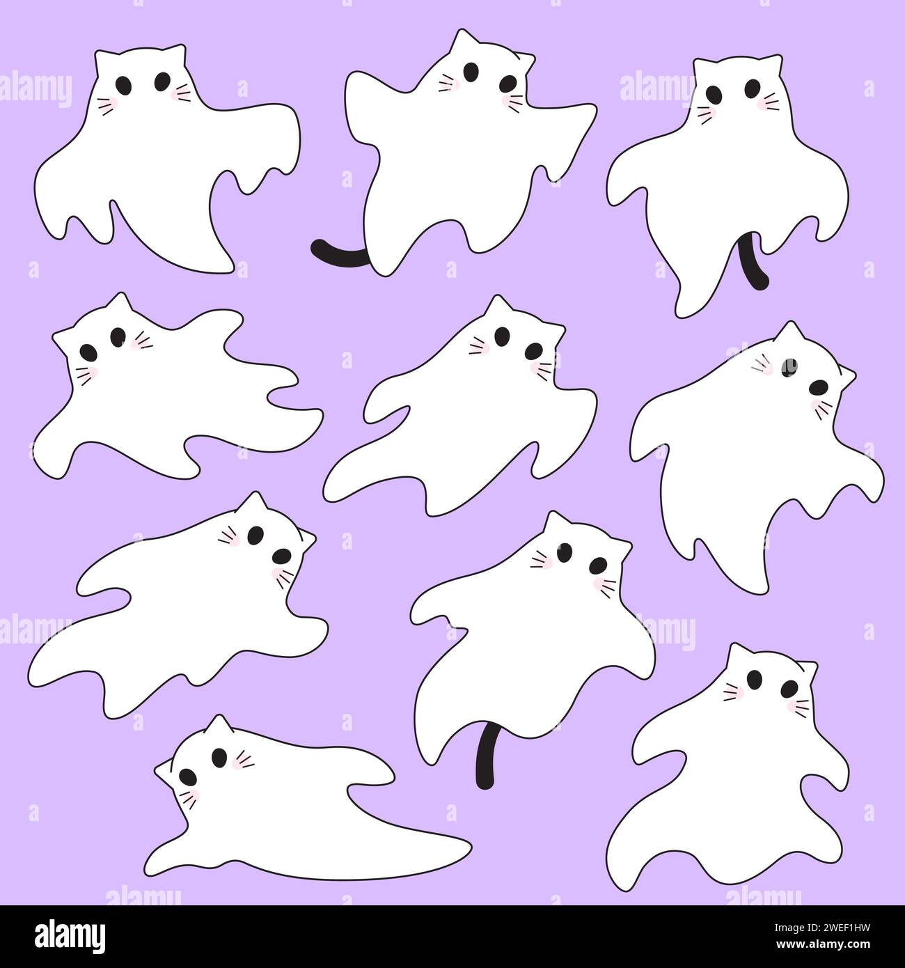 Set of simple cute cat, kitten ghost characters with tails and whiskers ...