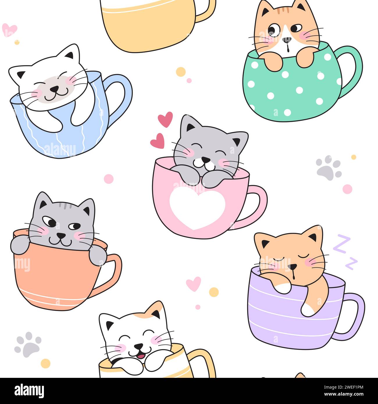 Cute cats, kittens in tea, coffee cups, mugs. Seamless pattern ...