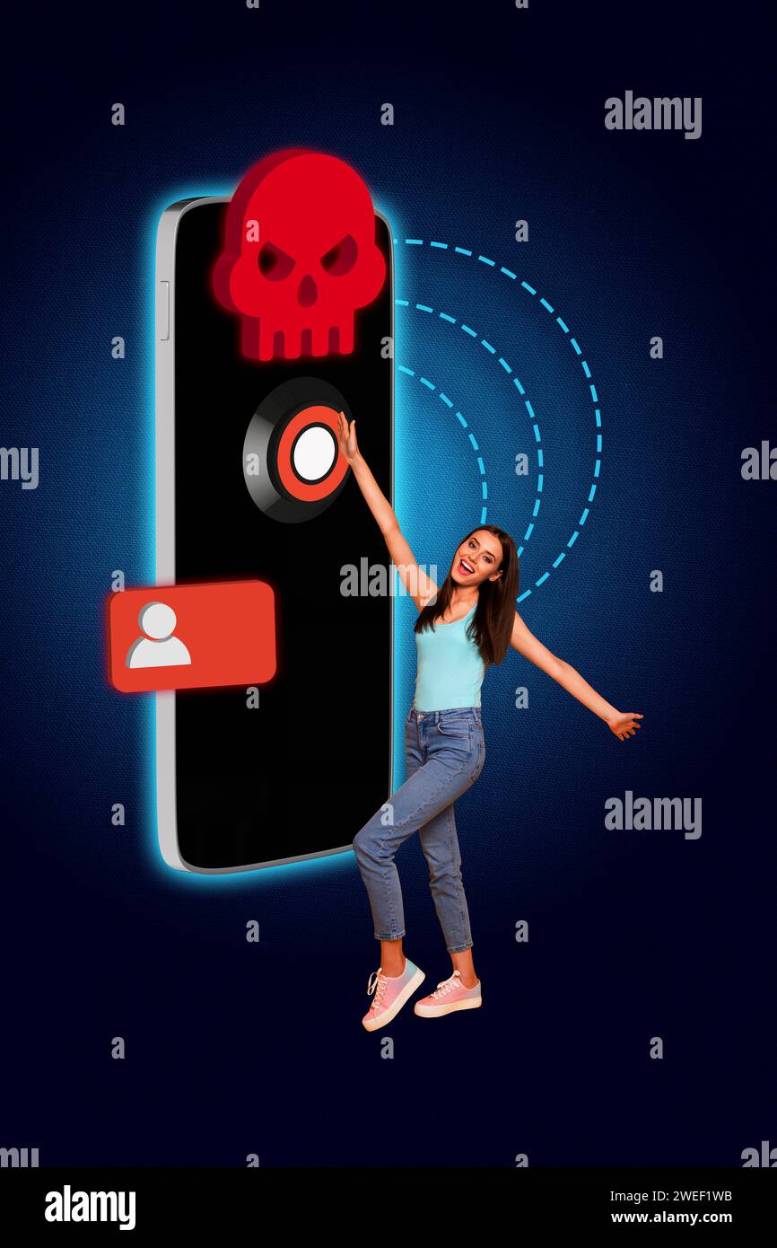 Collage pinup retro sketch of device screen push button girl bug error ...