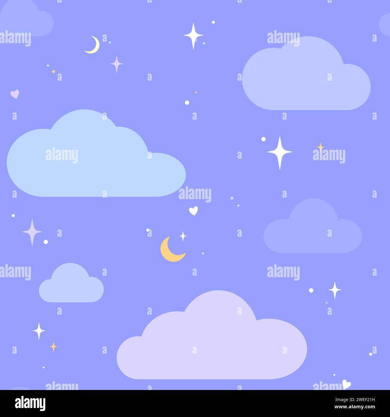 Sky with clouds, moon, twinkle stars and hearts seamless pattern. Cute ...