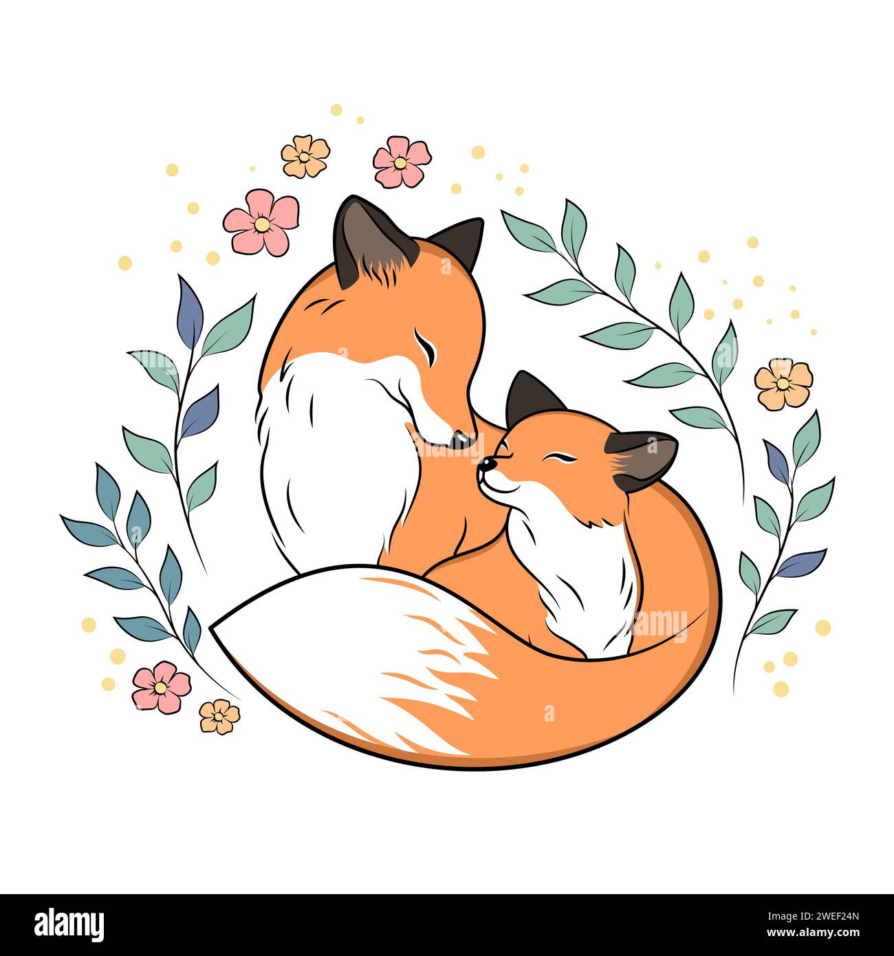 Mother fox hugging a baby fox with her tail. Mother day card. Cute ...