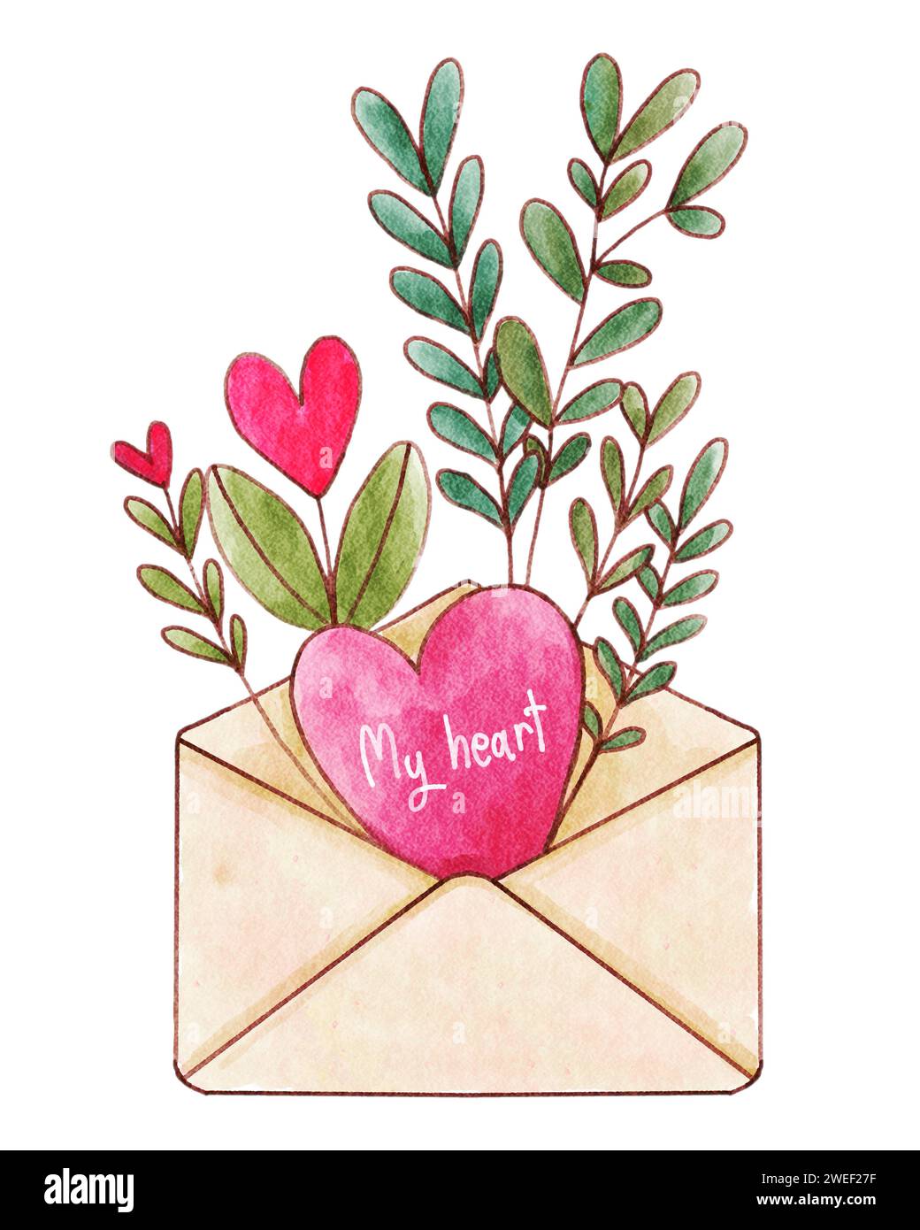 Heart shaped card and flowers in envelope . Valentines day object ...