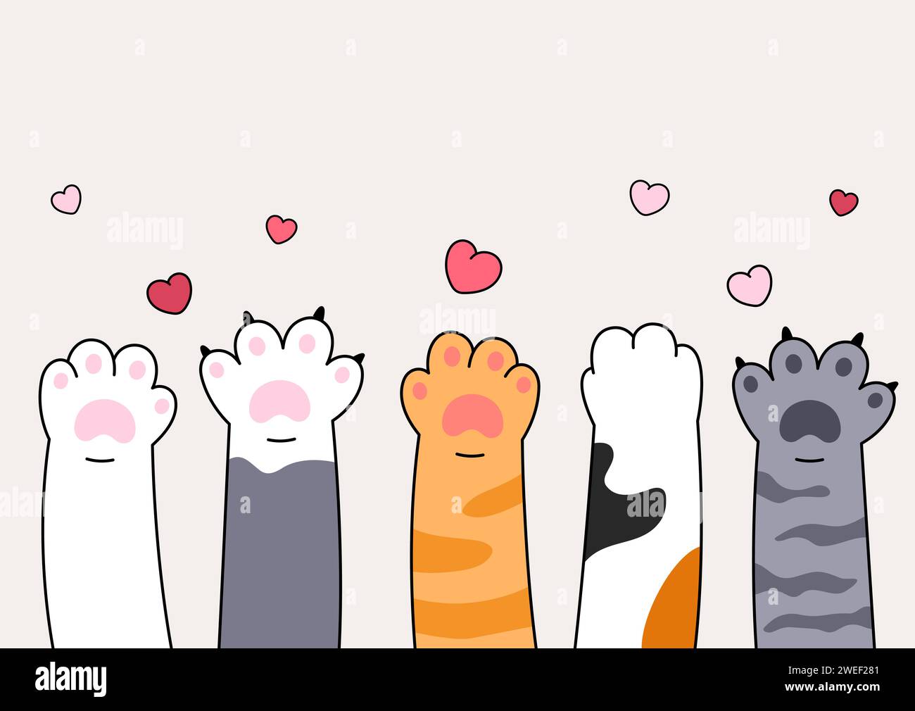Comic style, cartoon cat paws catching little hearts. Kitten, pet ...