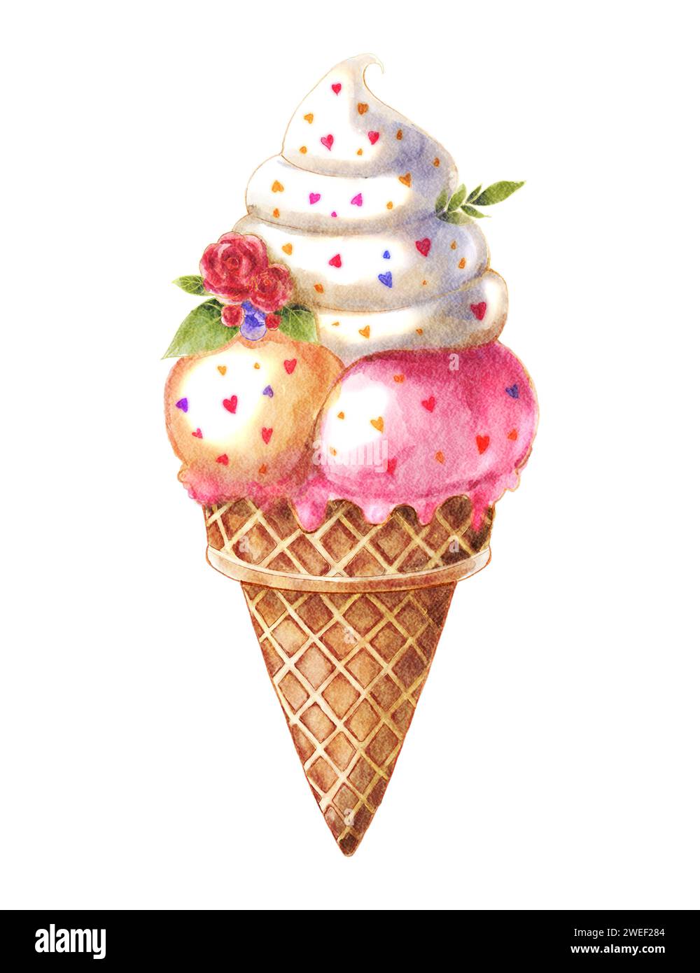 Ice cream cone . Valentines day object . Watercolor painting elements ...