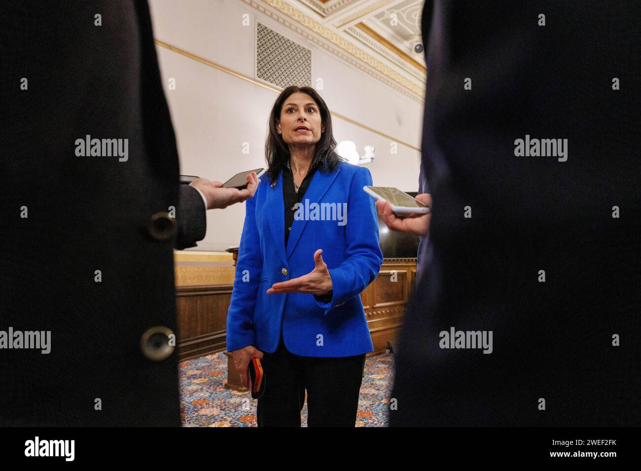 Lansing, USA. 24th Jan, 2024. Attorney General Dana Nessel speaks to ...