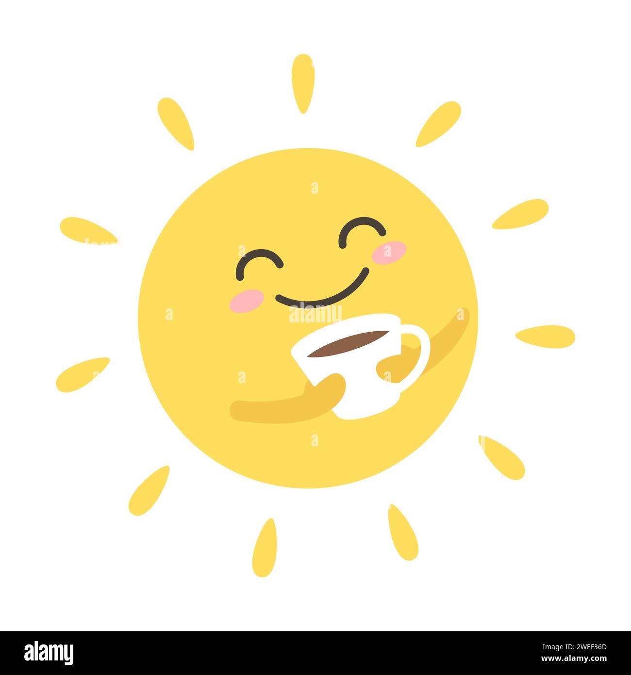 Cute smiling sun character with a cup of tea, coffee, morning ...