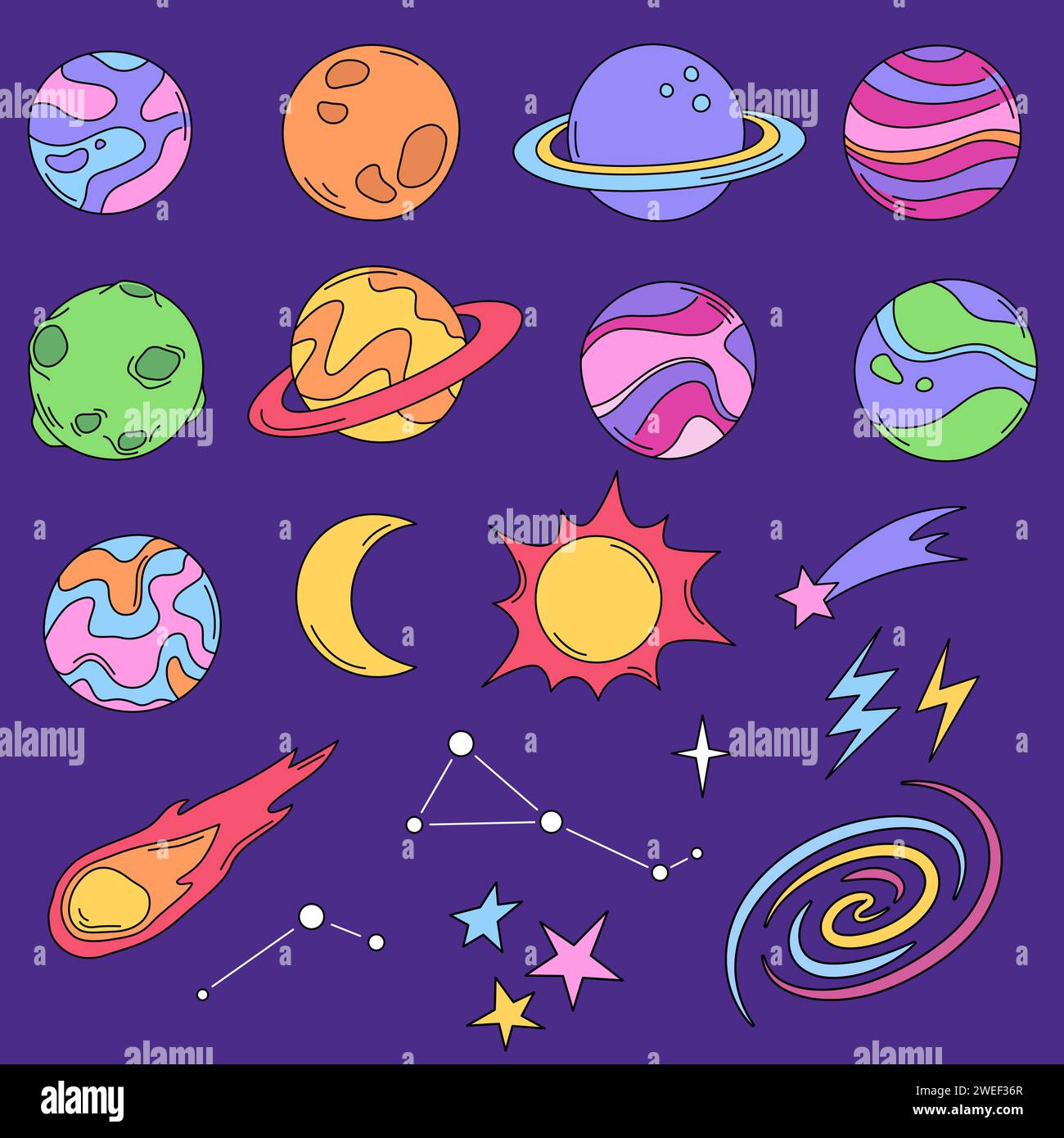 Planets, stars and space objects, cosmic vector illustrations. Set of ...