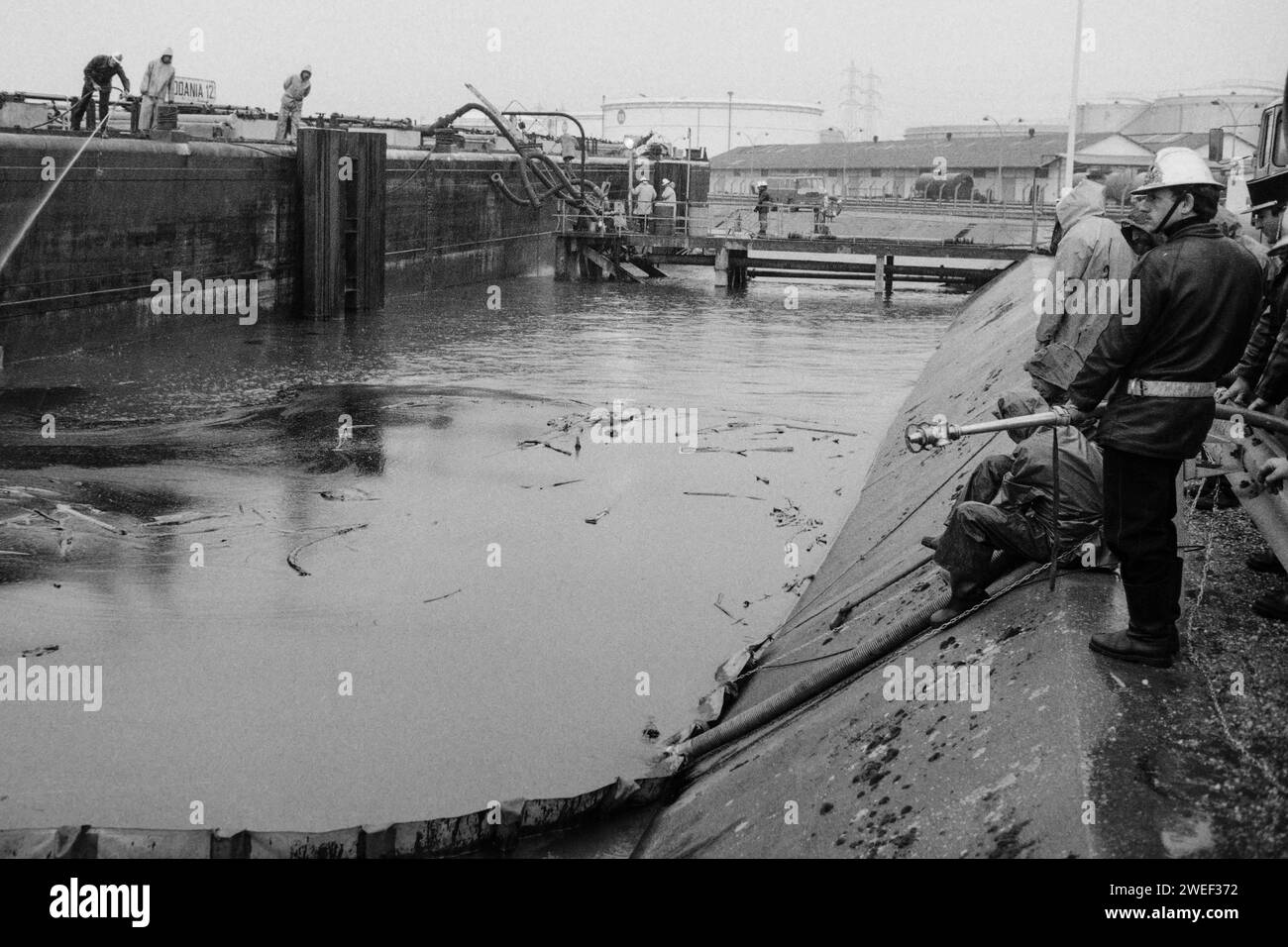 Petrol slick pollution at Edouard Herriot harbor, Lyon, Rhone, France ...