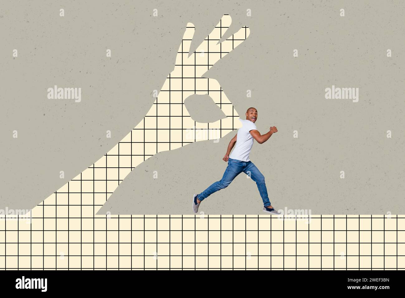 Creative collage young running scared man huge human arm holding catch ...