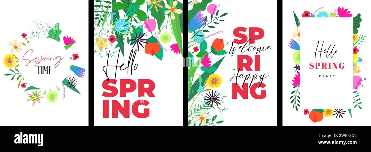 Hello spring poster template with abstract drawing flowers. Floral art ...