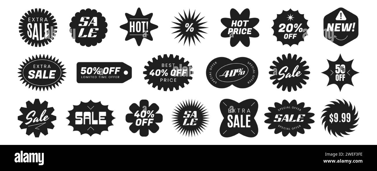 Vector set of black starburst sale sticker label. Promo star price tag ...
