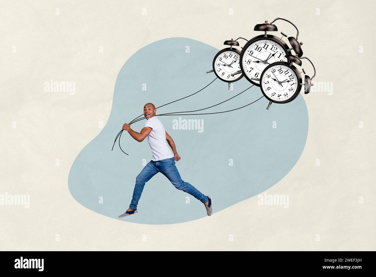 Creative photo collage young man running walking hold clock alarm ...