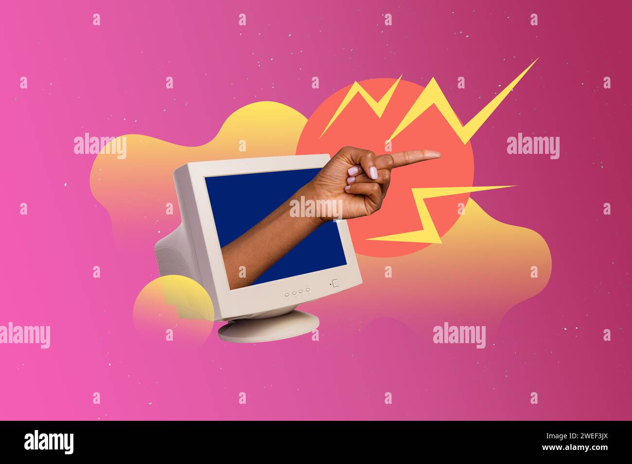 Creative collage banner human arm pointing gesture showing sign old ...