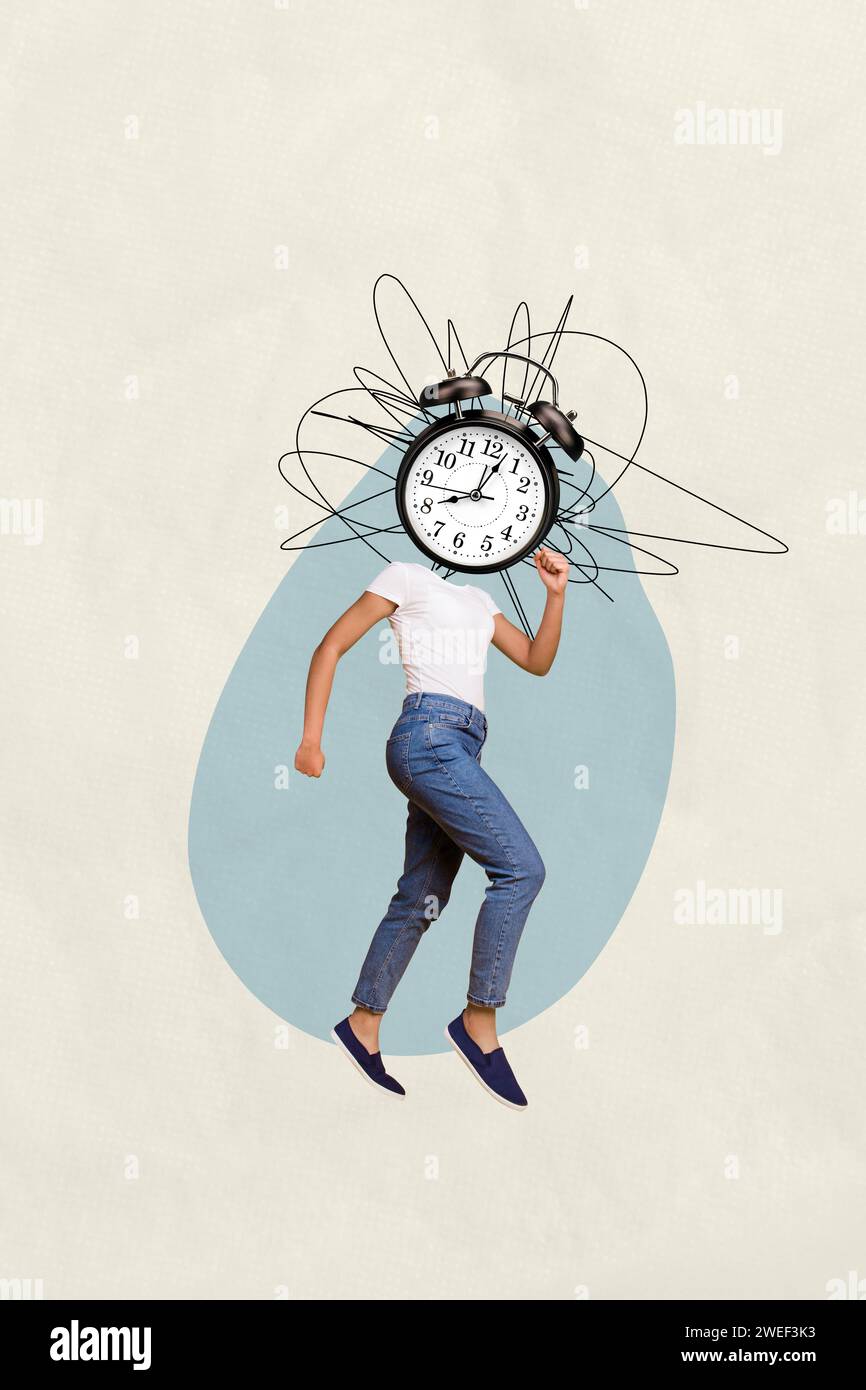 Vertical collage picture poster young running woman girl headless huge ...