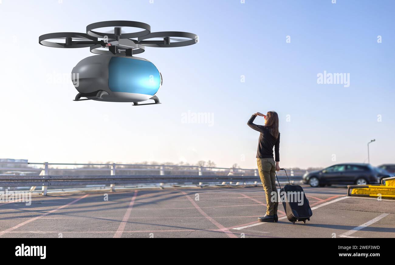 flying transportation drone picking up a passenger Stock Photo - Alamy