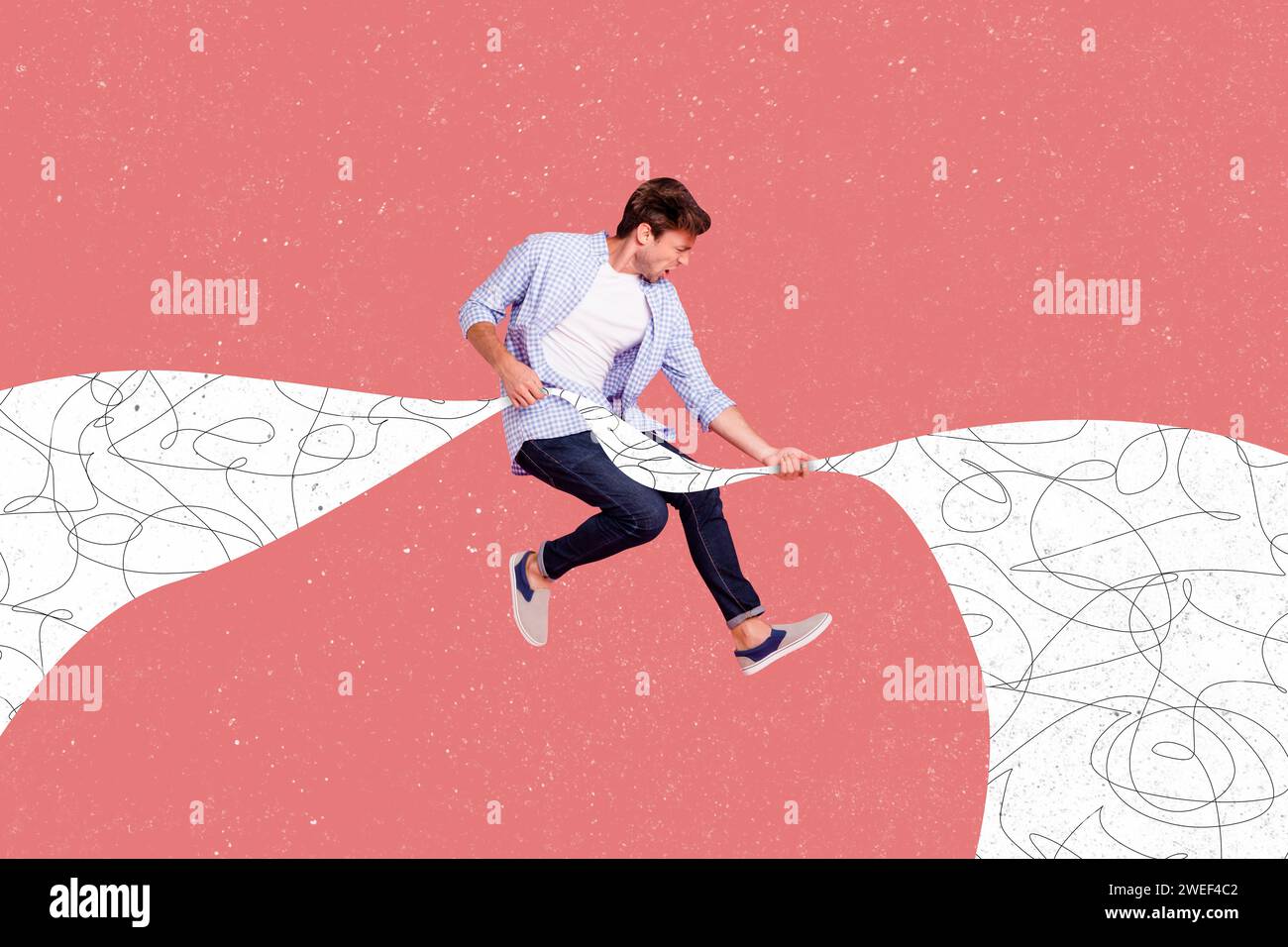 Photo collage image picture young man pulling rope weird concept ...