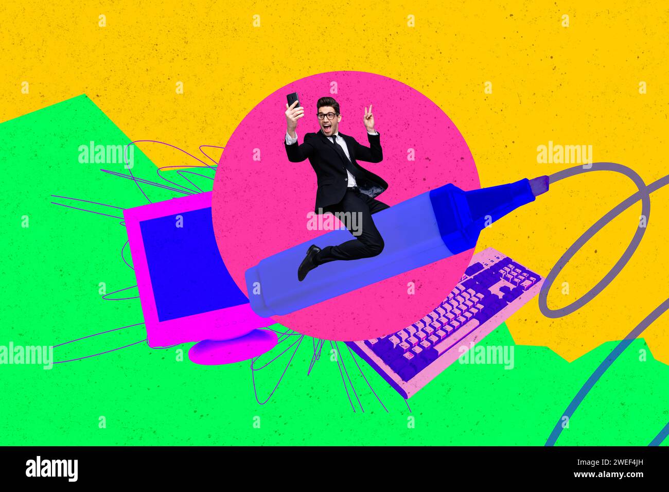 Photo collage image young businessman riding marker pc monitor computer ...